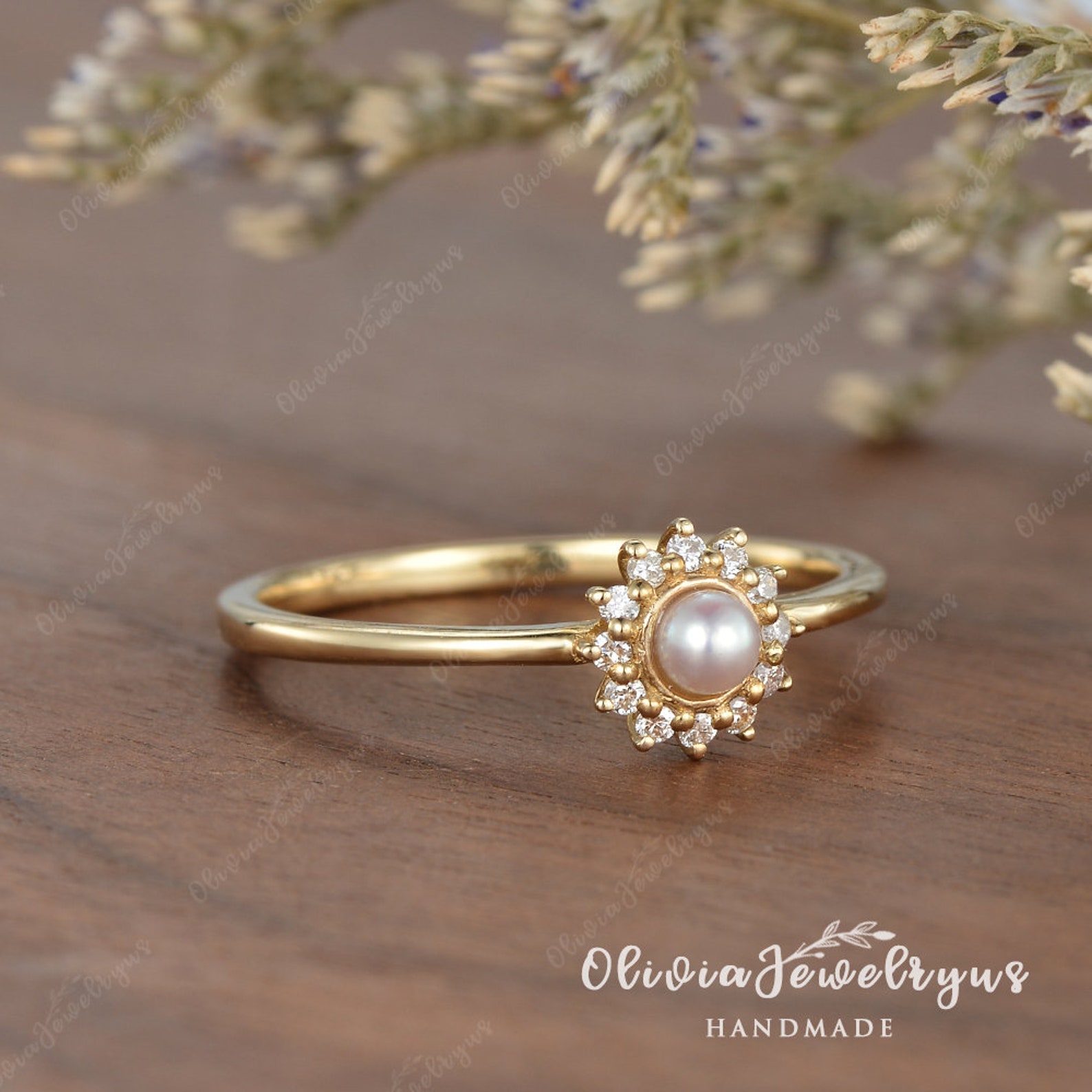 Akoya Pearl Engagement Ring Yellow Gold Women Ring Mini Pearl ...