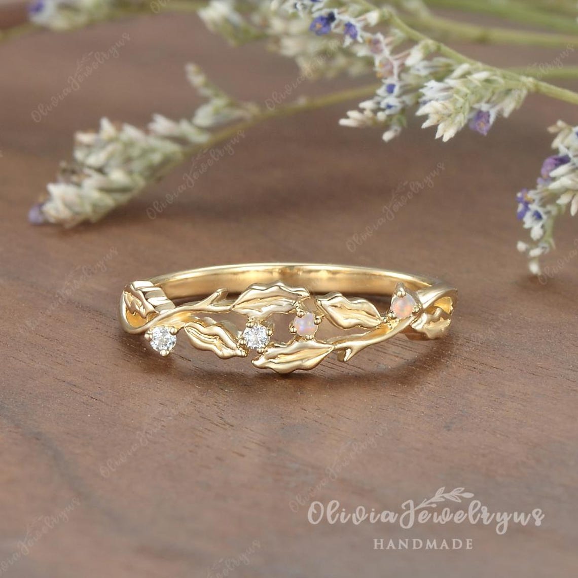 Delicate Oak Leaf Wedding Band Moissanite Yellow Gold Leaf Promise Ring ...