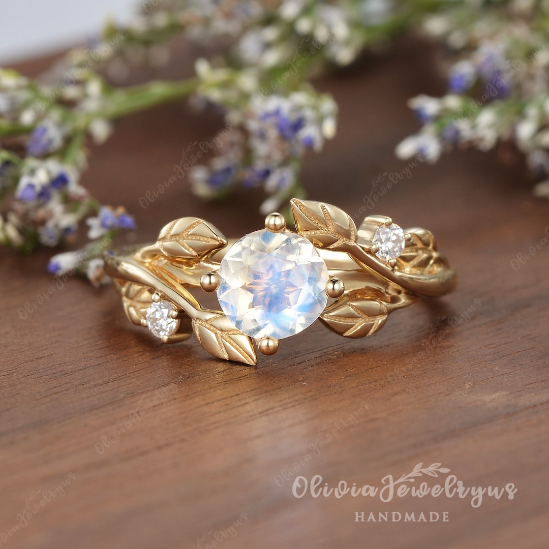 Vintage Moonstone Engagement Ring Leaf Promise Ring for Women Yellow ...