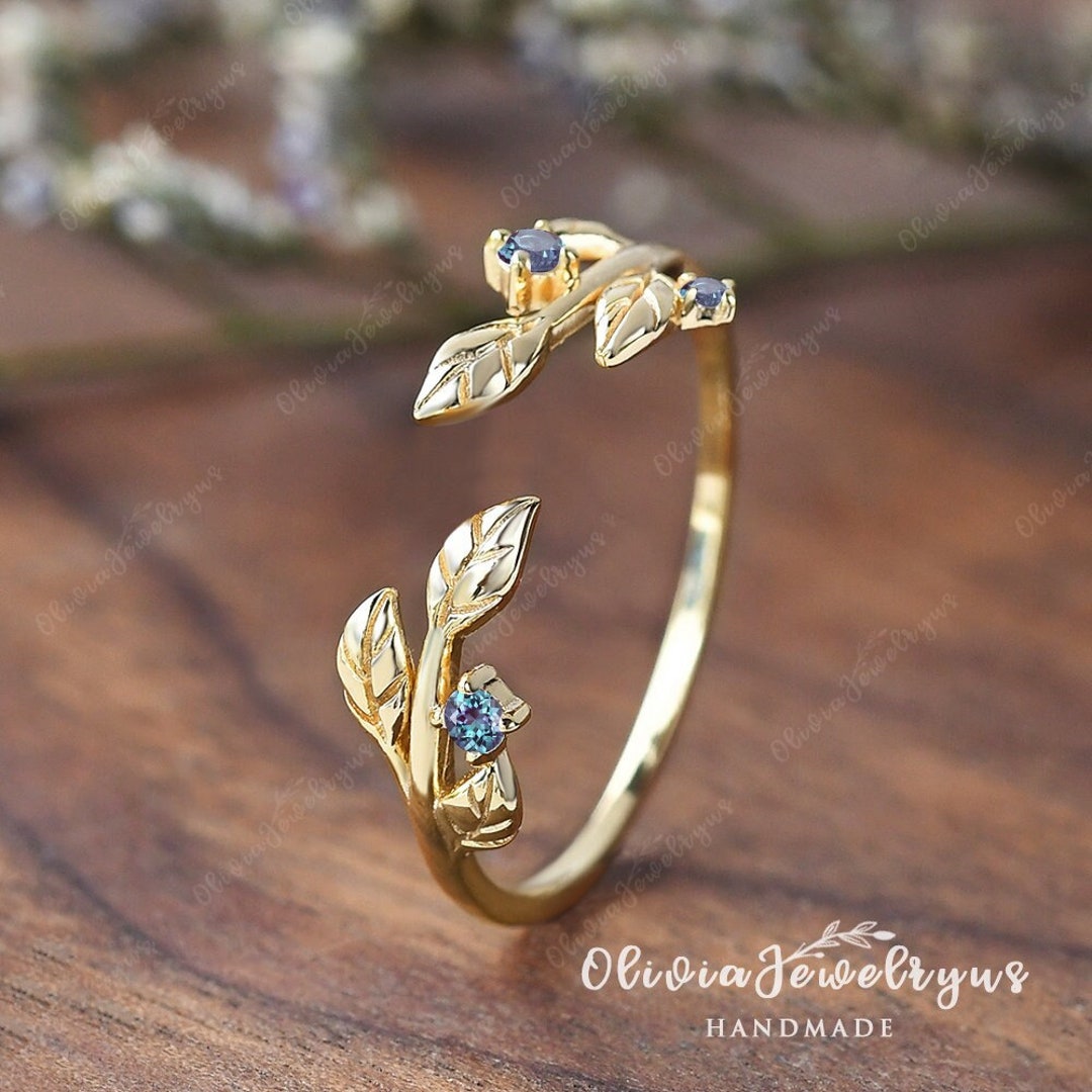 Alexandrite Leaf Ring Leaf Open Ring Yellow Gold Leaves Wedding Band ...