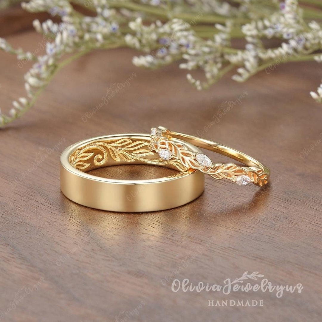 Marquise Moissanite Leaf Couple Rings Set 2pcs Artcarved Oak Leaf Promise Ring for Men Custom ...