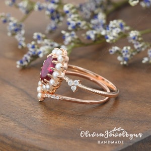 Ruby & Pearl Ring Set Halo Rose Gold Engagement Ring Delicate Lab Ruby Ring Retro Natural Pearl ...