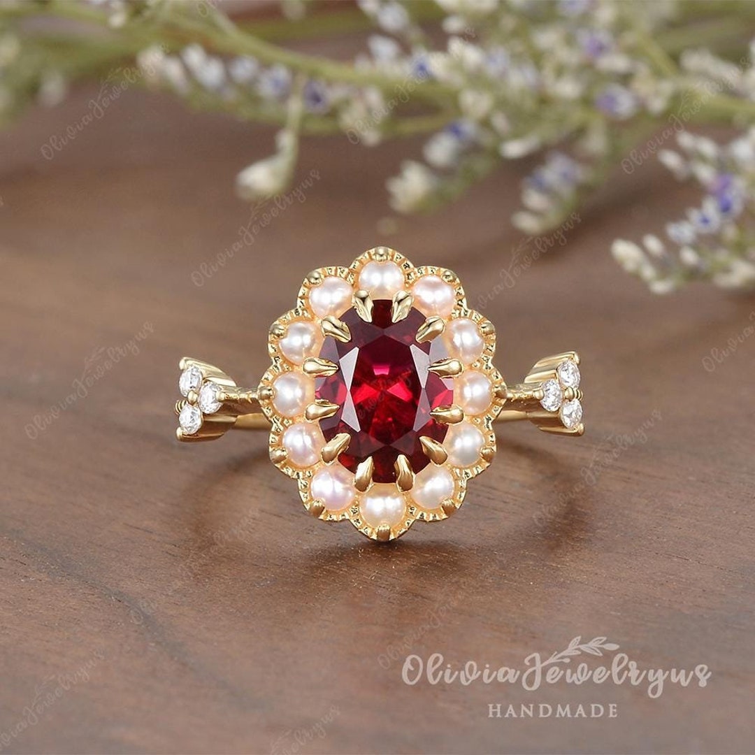 Antique Ruby & Pearl Ring Yellow Gold Women Delicate Lab Ruby Vintage ...