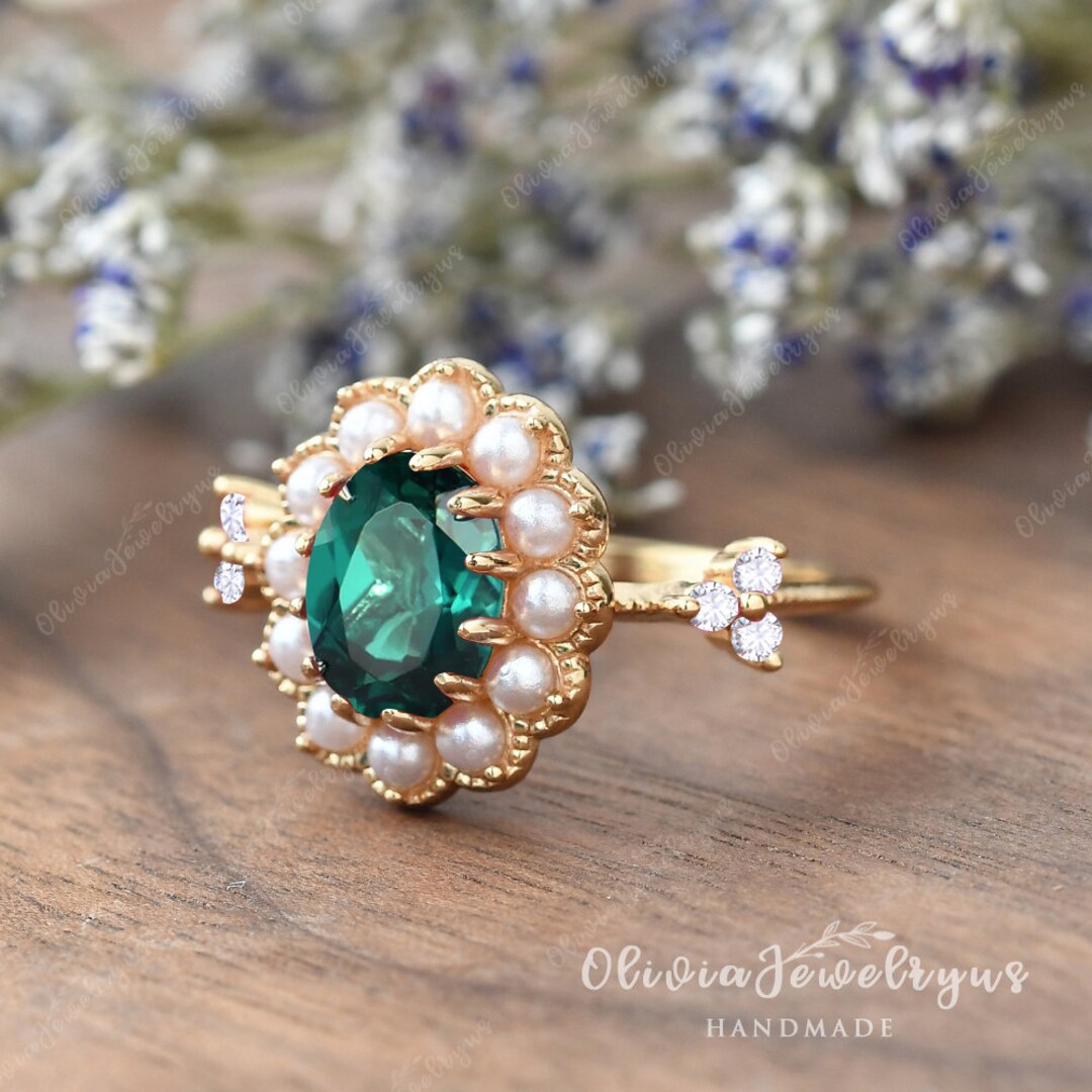 Art Deco Emerald & Pearl Ring Antique Oval Emerald Yellow Gold - Etsy