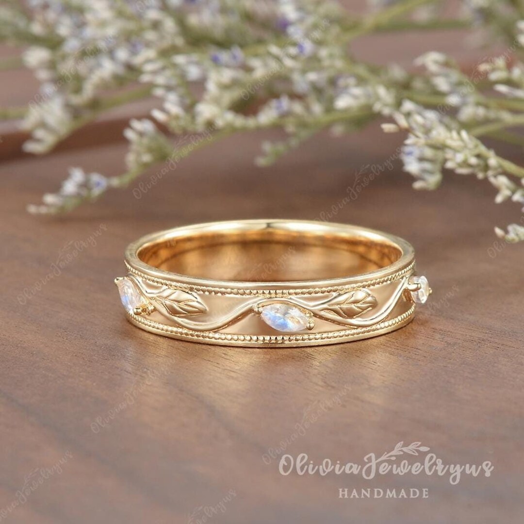 Moonstone Leaf Mens Wedding Band Custom Birthstone Ring Handmade ...