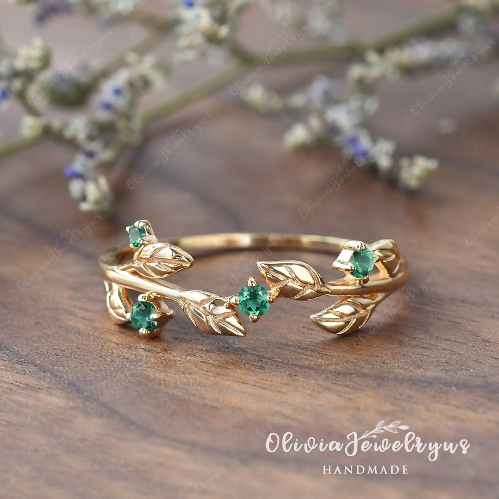 Leaf Wedding Band Vine Custom Gemstone Engagement Ring Women Lab Emerald Ring Unique Bridal ...