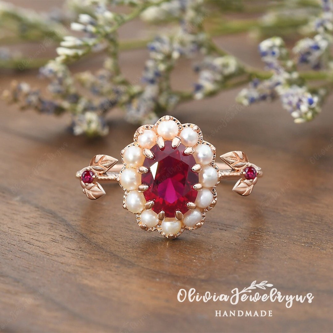 Unique Ruby Engagement Ring Halo Pearl Leaf Ring Rose Gold Vine Retro Women Ring Vintage Leaf ...