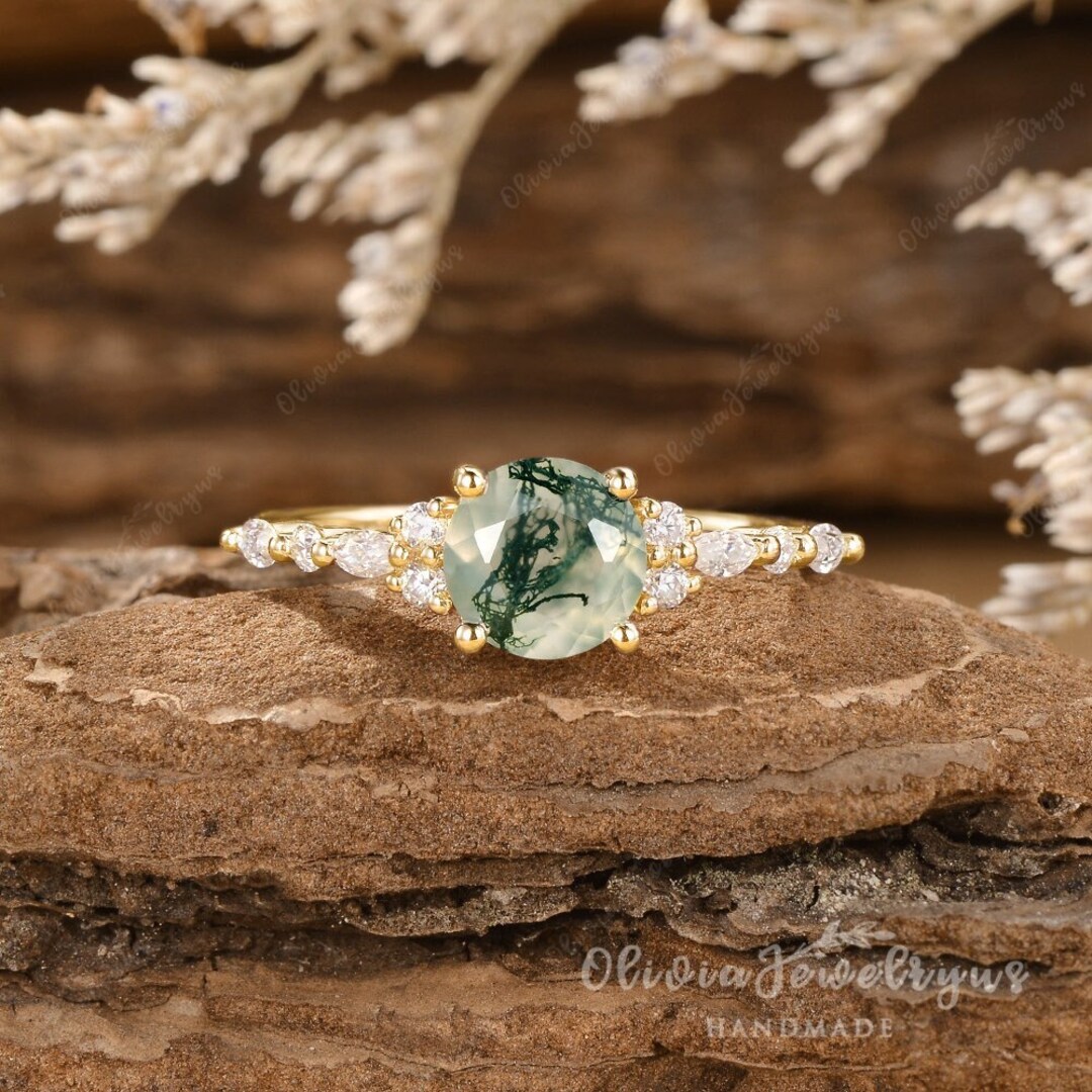 Natural Moss Agate Engagement Ring Yellow Gold Cluster Moissanite Wedding Ring Green Agate Ring ...