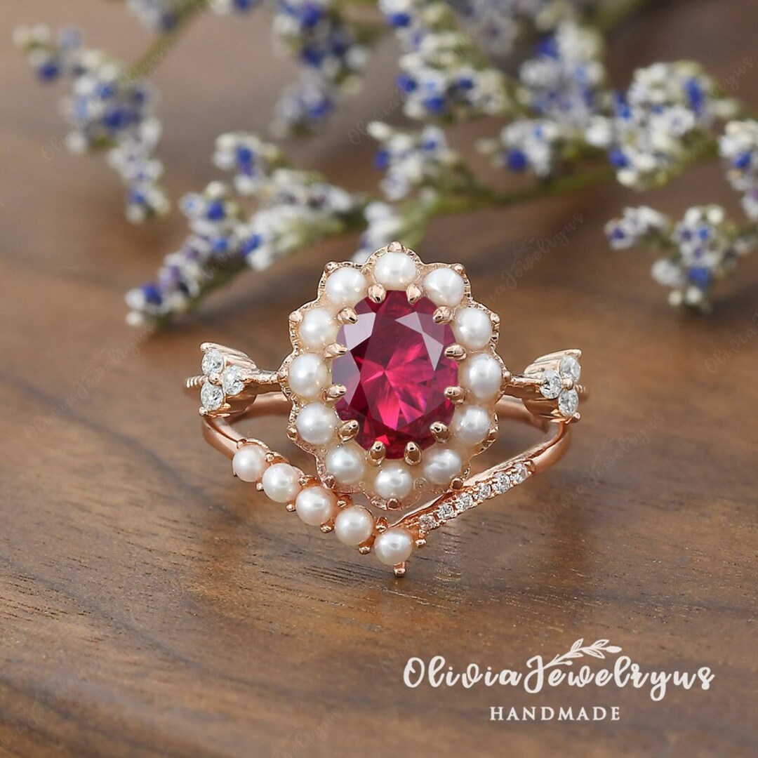 Ruby & Pearl Ring Set Halo Rose Gold Engagement Ring Delicate Lab Ruby ...