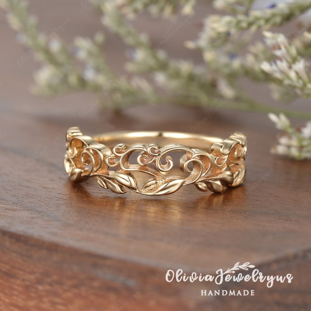 Vine Wedding Band Women Plain Gold Wedding Band Men Flower - Etsy