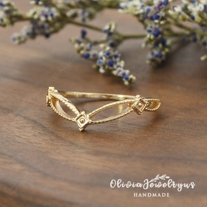 Curved Wedding Band Art Deco Wedding Ring Women Yellow Gold Filigree Matching Ring Vintage ...