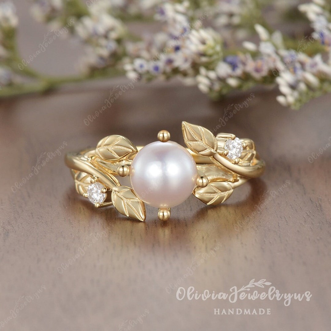 6mm Natural Pearl Ring Yellow Gold Akoya Pearl Engagement Ring Vintage ...