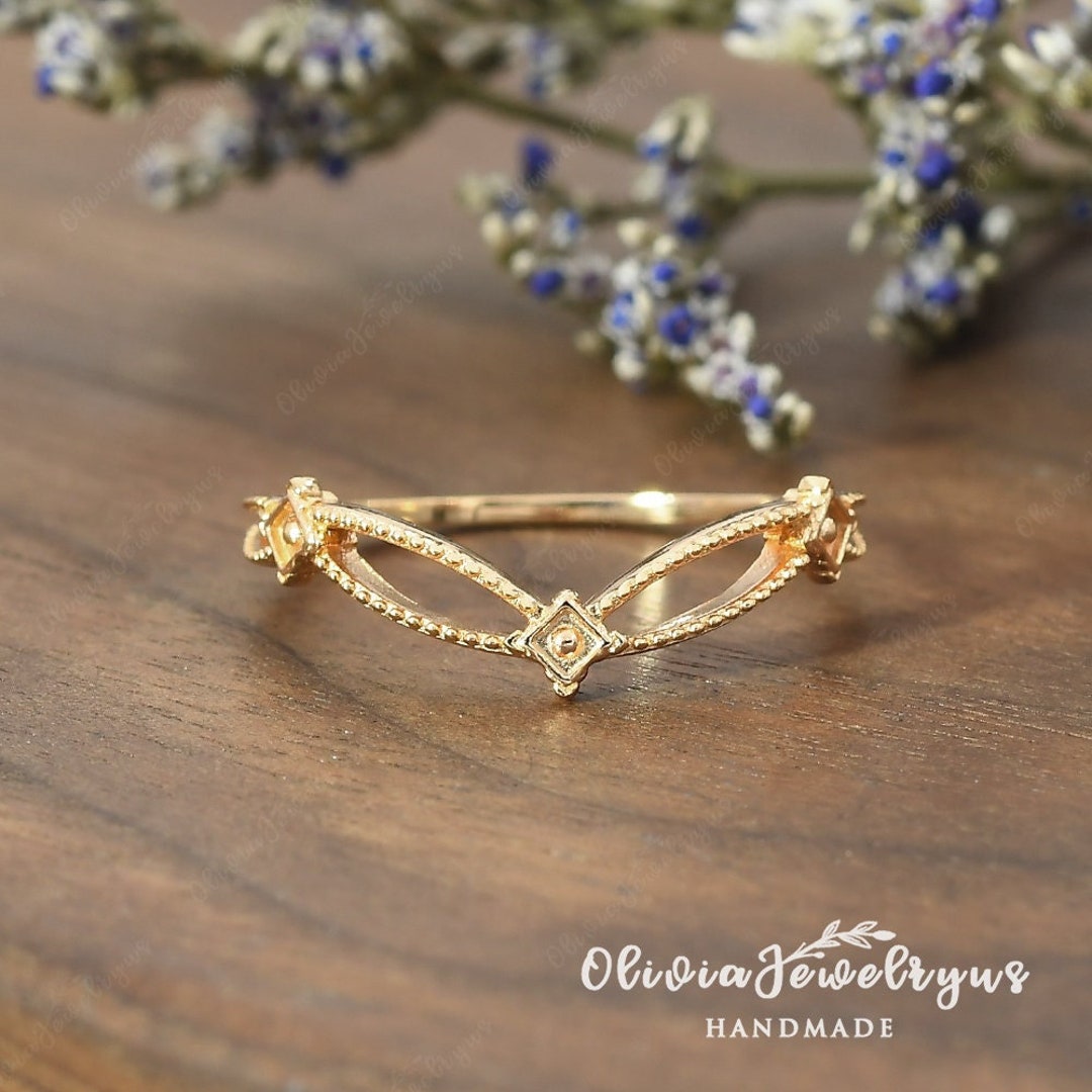 Curved Wedding Band Art Deco Wedding Ring Women Yellow Gold Filigree Matching Ring Vintage ...