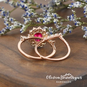 Ruby & Pearl Ring Set Halo Rose Gold Engagement Ring Delicate Lab Ruby Ring Retro Natural Pearl ...