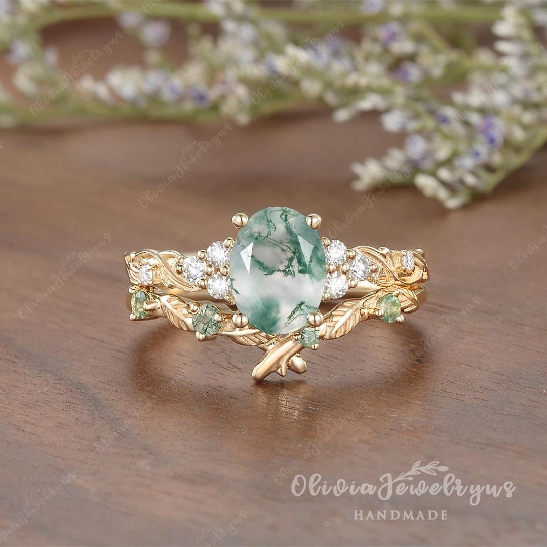 Vintage Green Moss Agate Engagement Ring Set Nature Inspired Leaf Ring ...