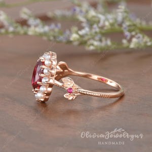Unique Ruby Engagement Ring Halo Pearl Leaf Manifesting Rings Passion ...