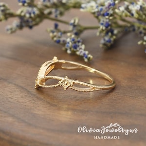 Curved Wedding Band Art Deco Wedding Ring Women Yellow Gold Filigree Matching Ring Vintage ...