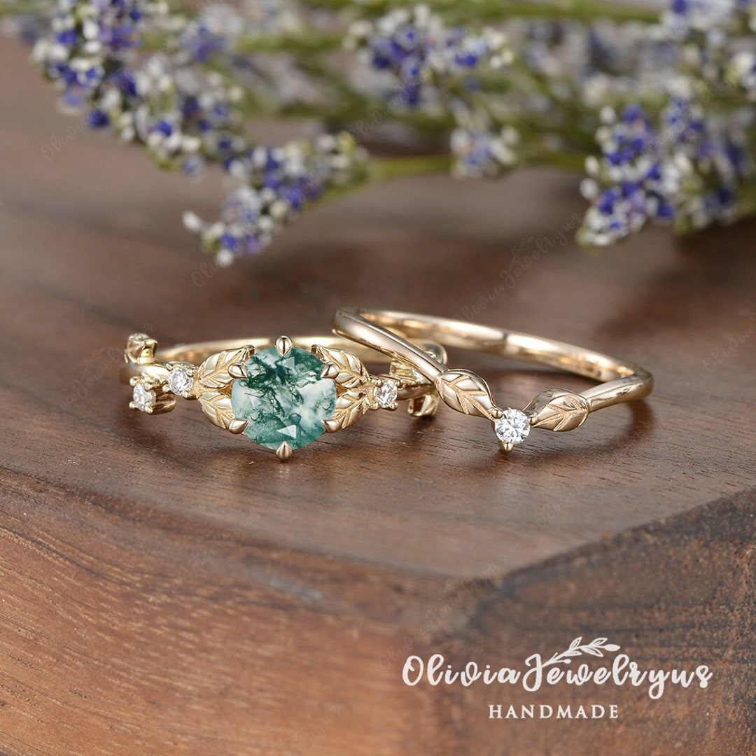 Moss Agate Leaf Engagement Ring Set 2pcs Unique Leafy Ring - Etsy