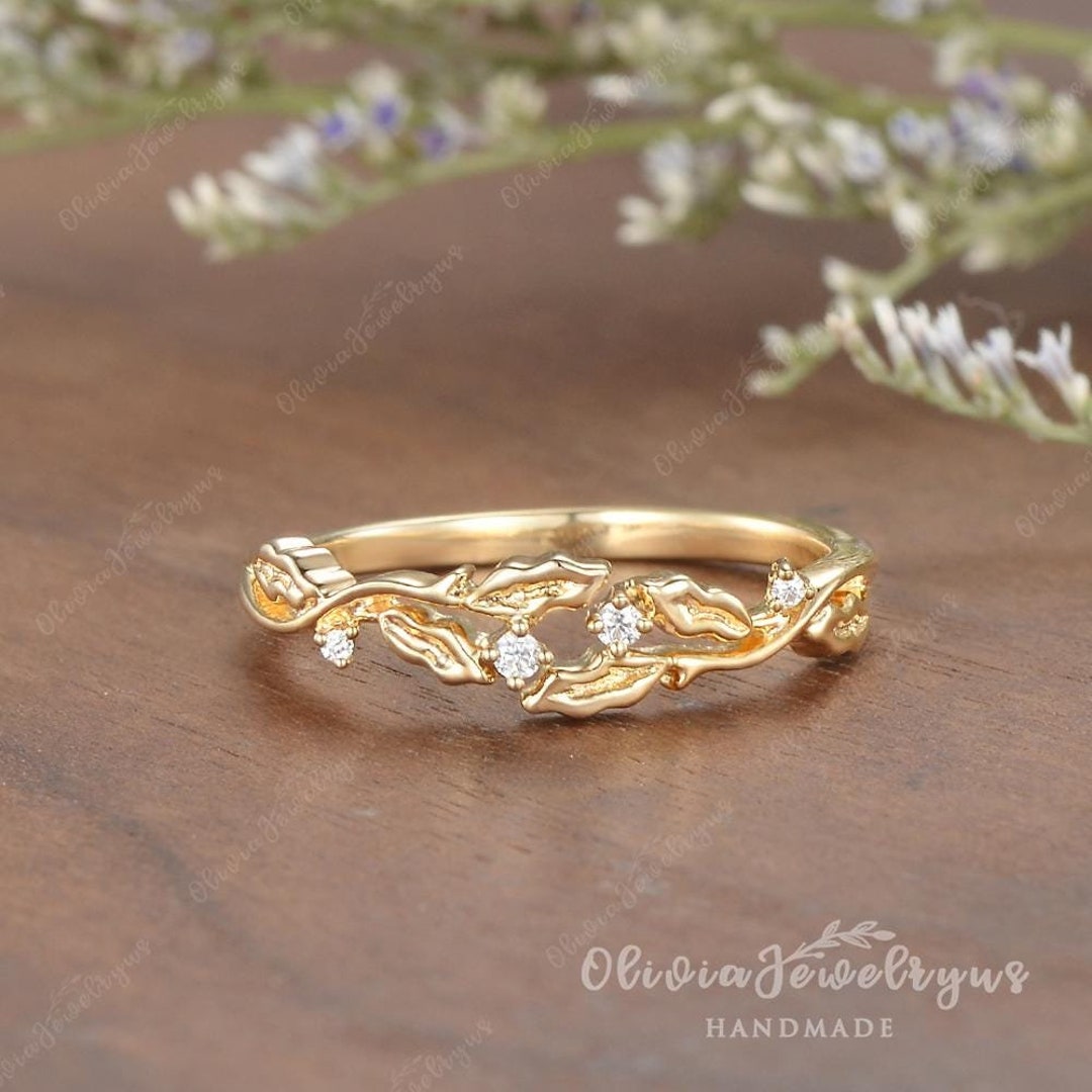 Delicate Oak Leaf Wedding Band Moissanite Yellow Gold Leaf Promise Ring ...