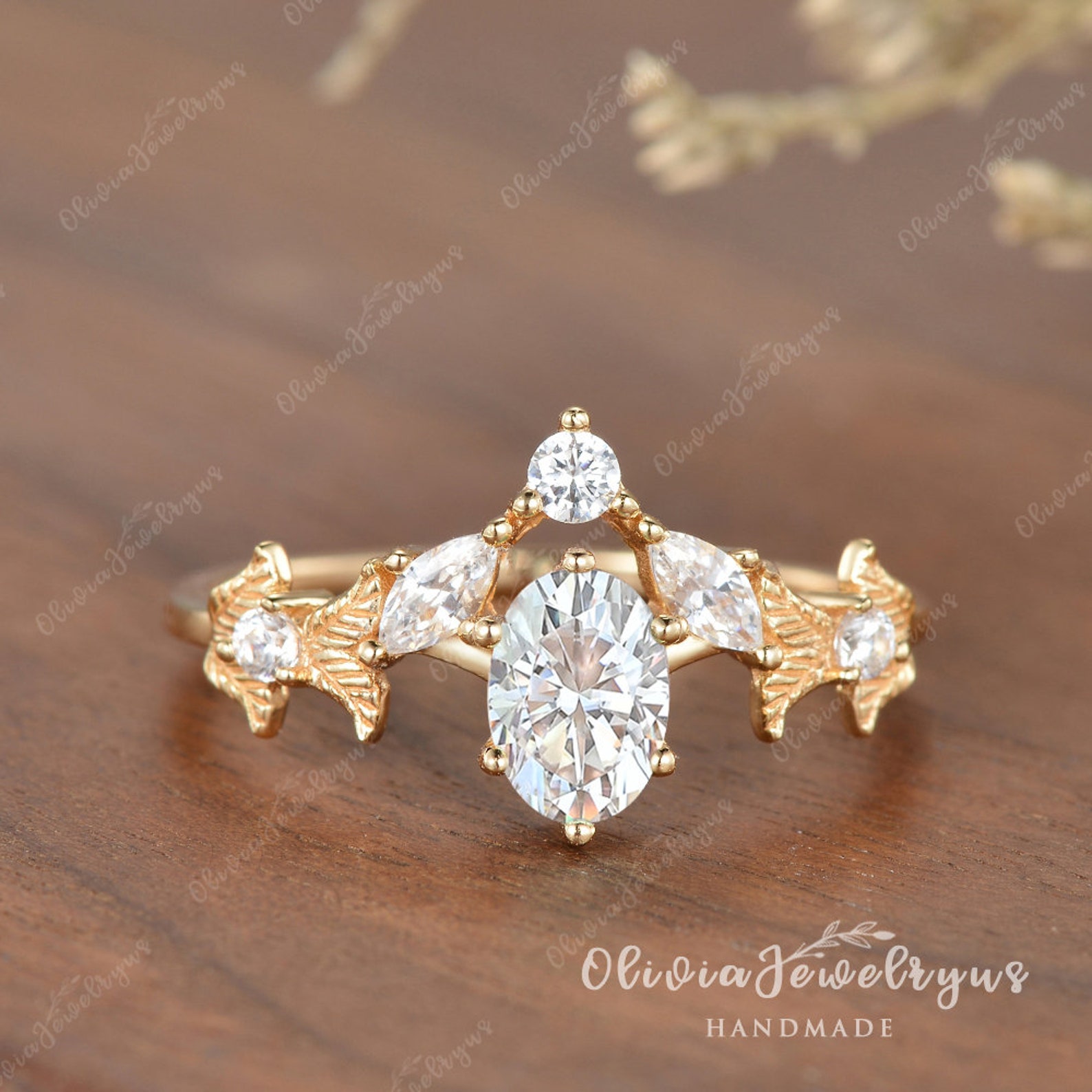 Oval Moissanite Engagement Ring Dainty Leaf Wedding Ring - Etsy