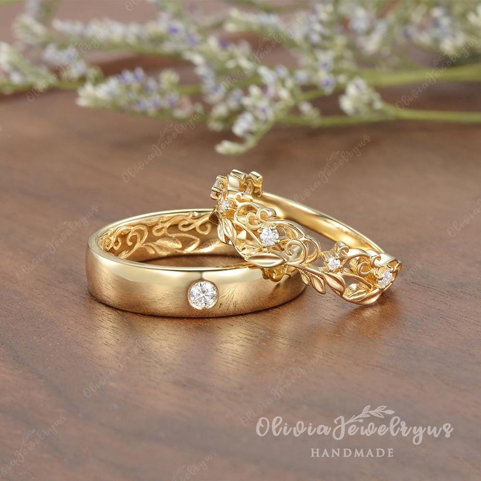 Unique Leaves and Vine Promise Ring Set for Couple Moissanite Leaf Ring ...