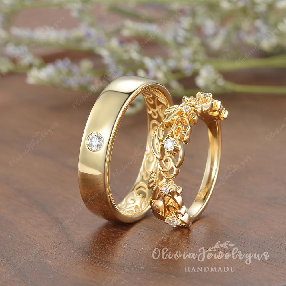 Unique Leaves and Vine Promise Ring Set for Couple Moissanite Leaf Ring ...