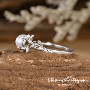 Natural Akoya Pearl Engagement Ring White Gold Vintage Leaf Wedding ...