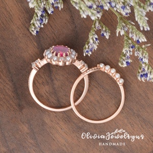 Ruby & Pearl Ring Set Halo Rose Gold Engagement Ring Delicate Lab Ruby Ring Retro Natural Pearl ...