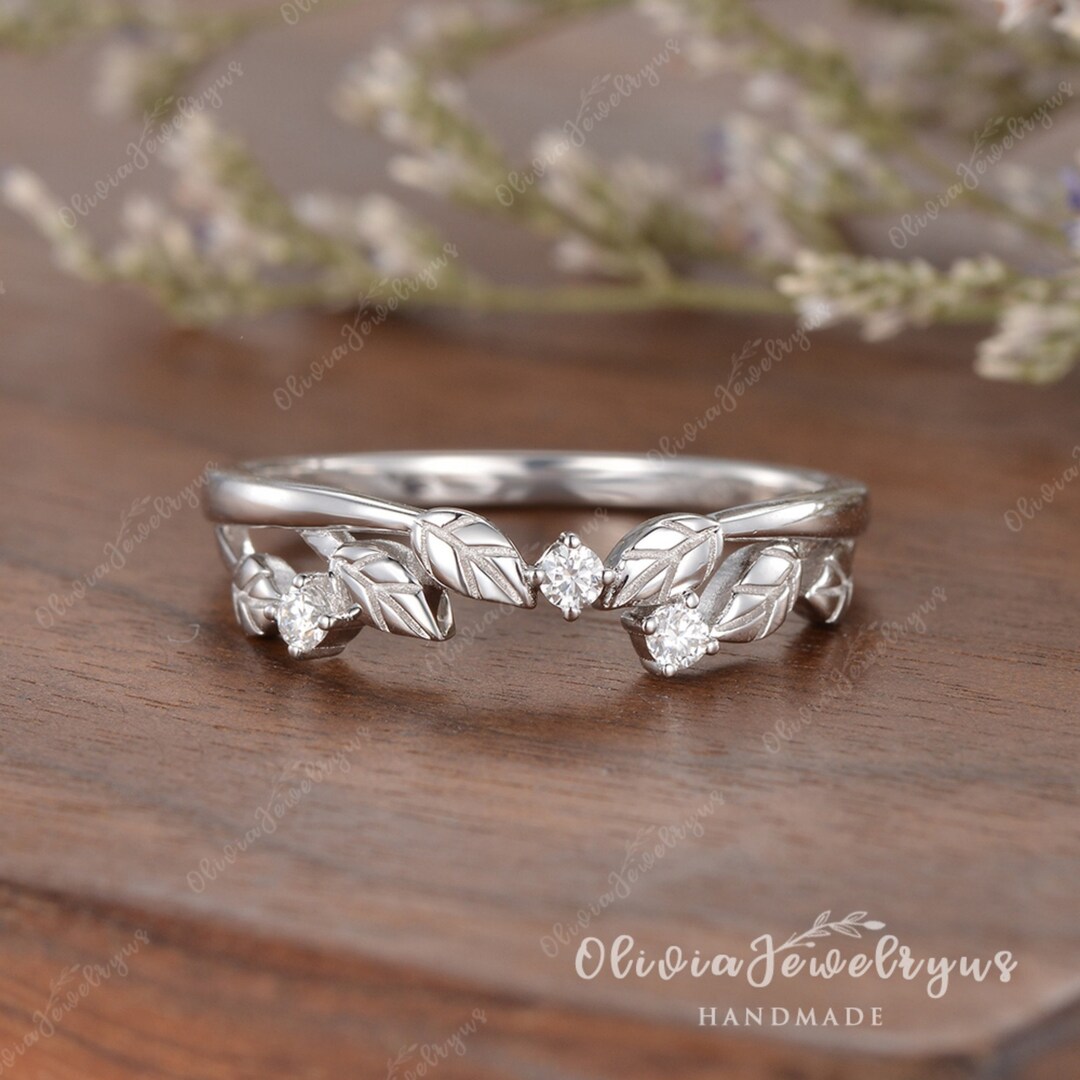 Antique Leaf Wedding Band Women Unique Diamond Vine Stacking Ring 14K Gold Wedding Ring Delicate ...
