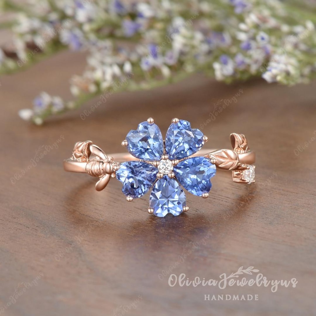 Bee and Leaf Engagement Ring Cornflower Sapphire Promise Ring Heart ...