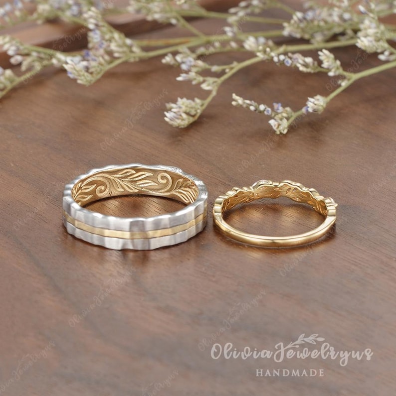 Unique Two Tone Couple Rings Set Artcarved Leaf Ring 2pcs Marquise ...