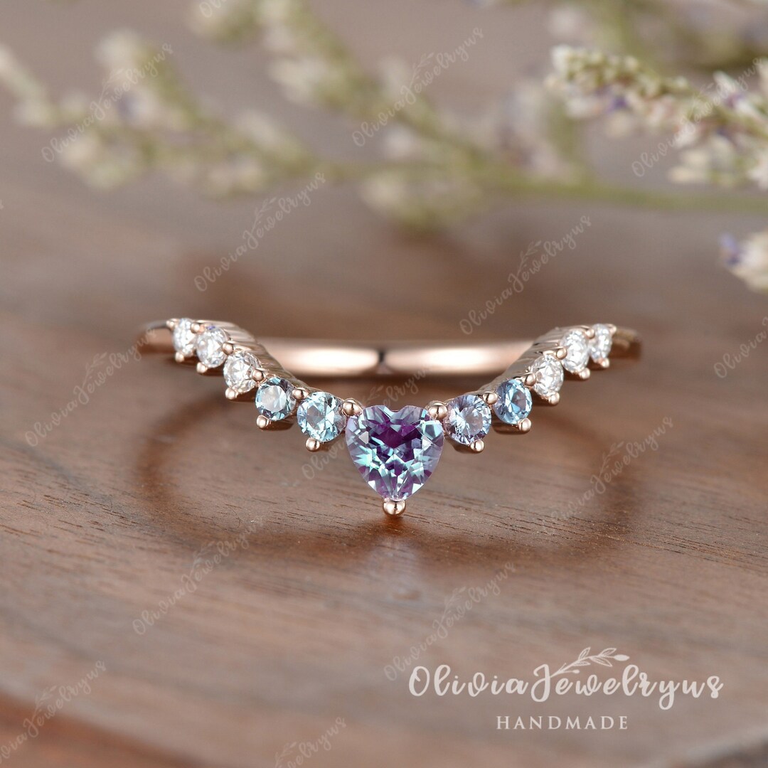 Heart Cut Alexandrite Wedding Band Eternity Stacking Ring Chevron ...