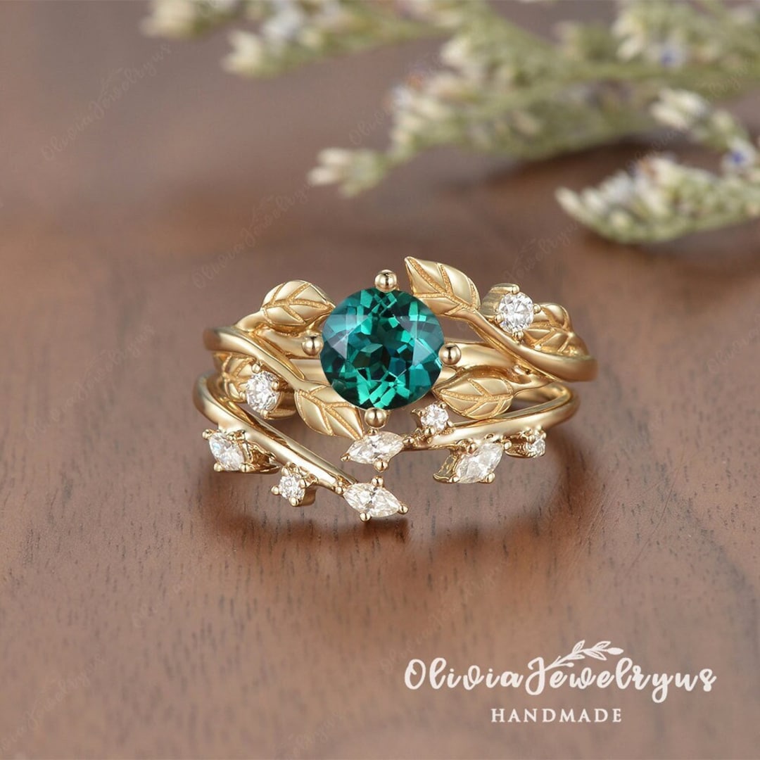 Emerald Leaf Engagement Ring Set Leaf Floral Ring Yellow Gold Branch Twig Nature Inspired ...