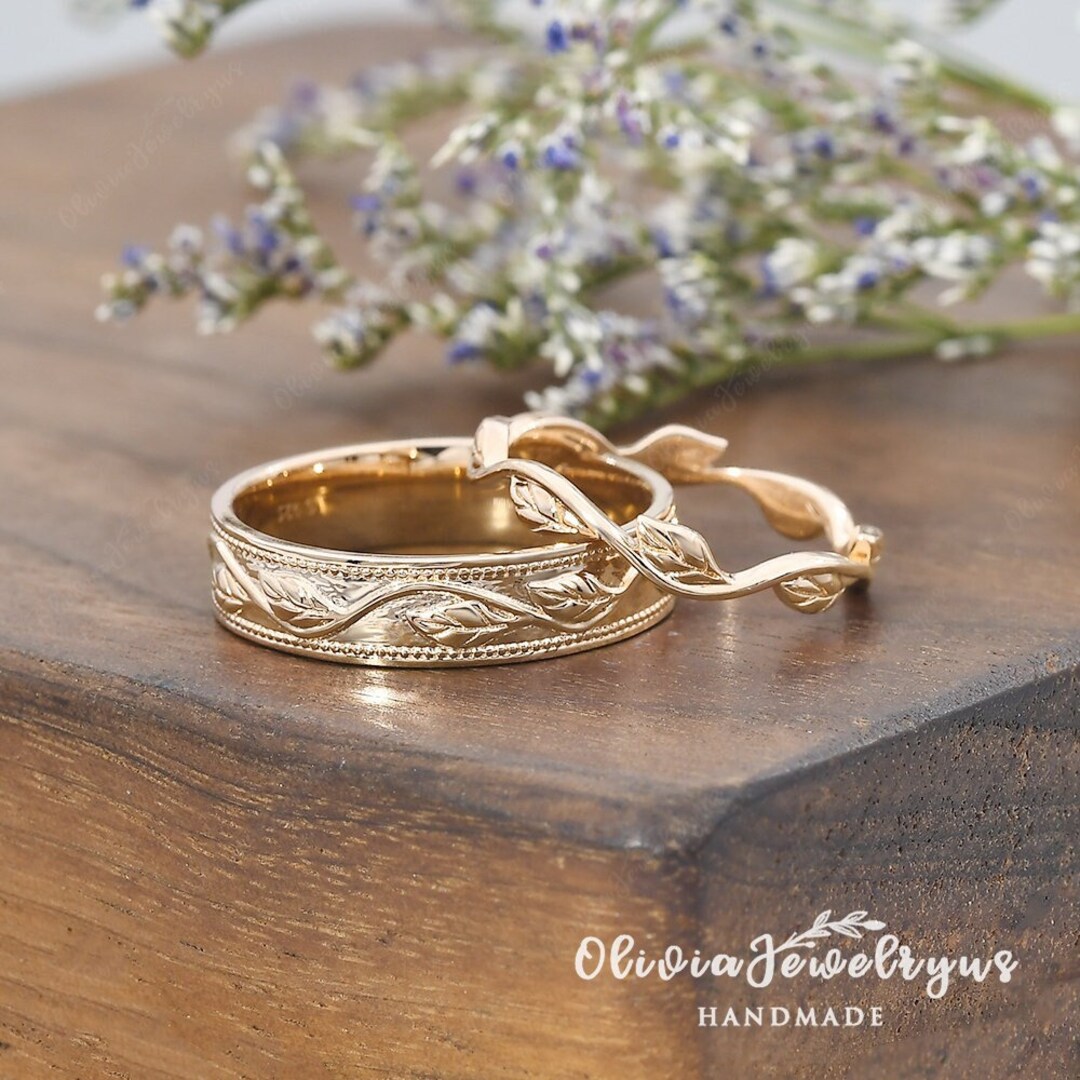 Leaf Ring Set Men's and Women's Rings Twig Inspired Wedding Ring Bridal ...