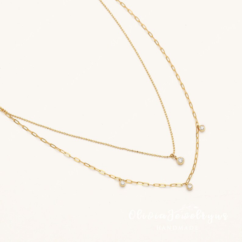 Diamond Stacking Necklace Double Chain Necklace Tiny Moissanite Pendant ...