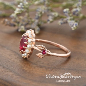 Unique Ruby Engagement Ring Halo Pearl Leaf Ring Rose Gold Vine Retro Women Ring Vintage Leaf ...