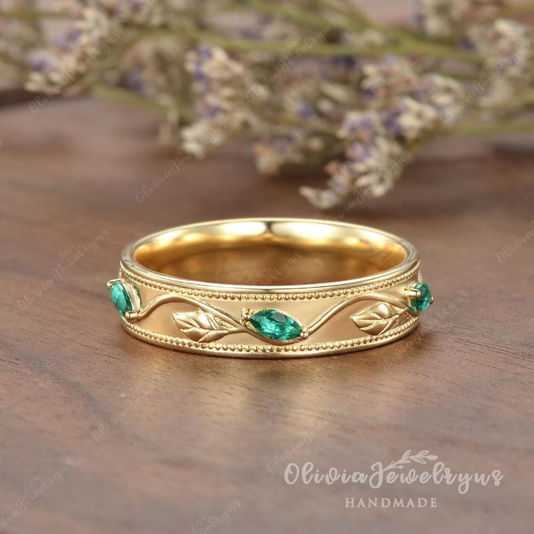 Nature Inspired Emerald Leaf Mens Wedding Band Yellow Gold Mens Ring ...