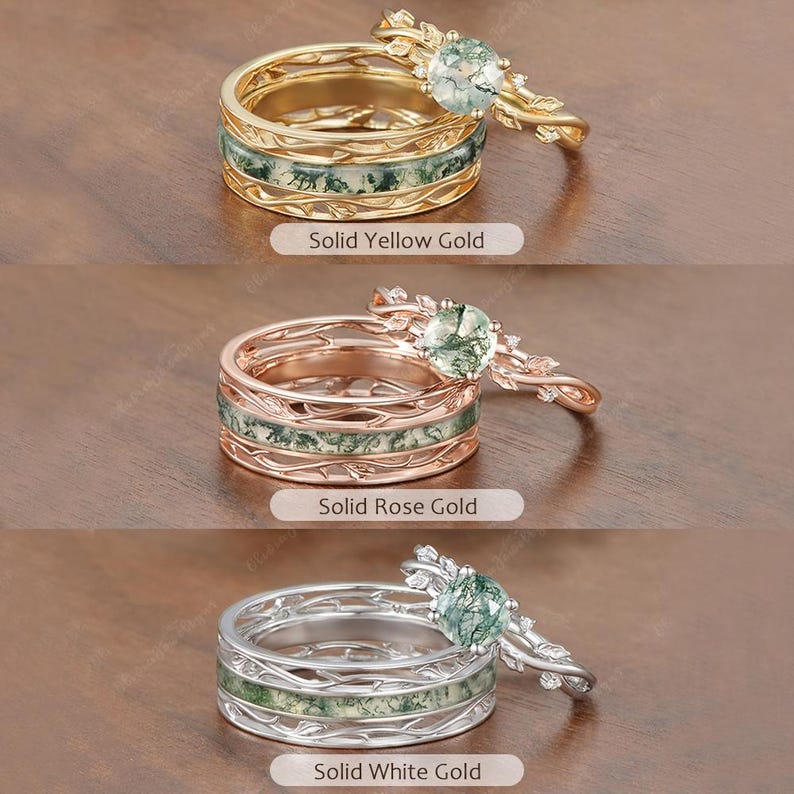 Moss Agate Wedding Band Couple Ring Oak Leaf Branch Engagement Ring Set ...
