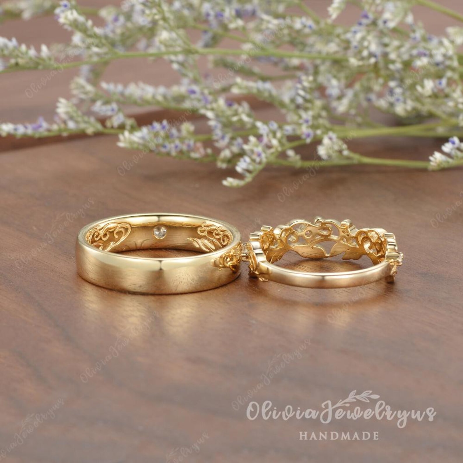 Unique Leaves and Vine Promise Ring Set for Couple Moissanite Leaf Ring ...