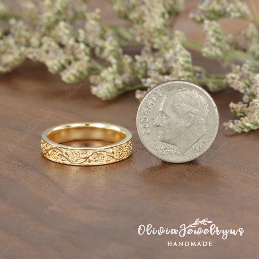 Vintage Mens Wedding Band Yellow Gold Couple Rings Leaf Engraved ...