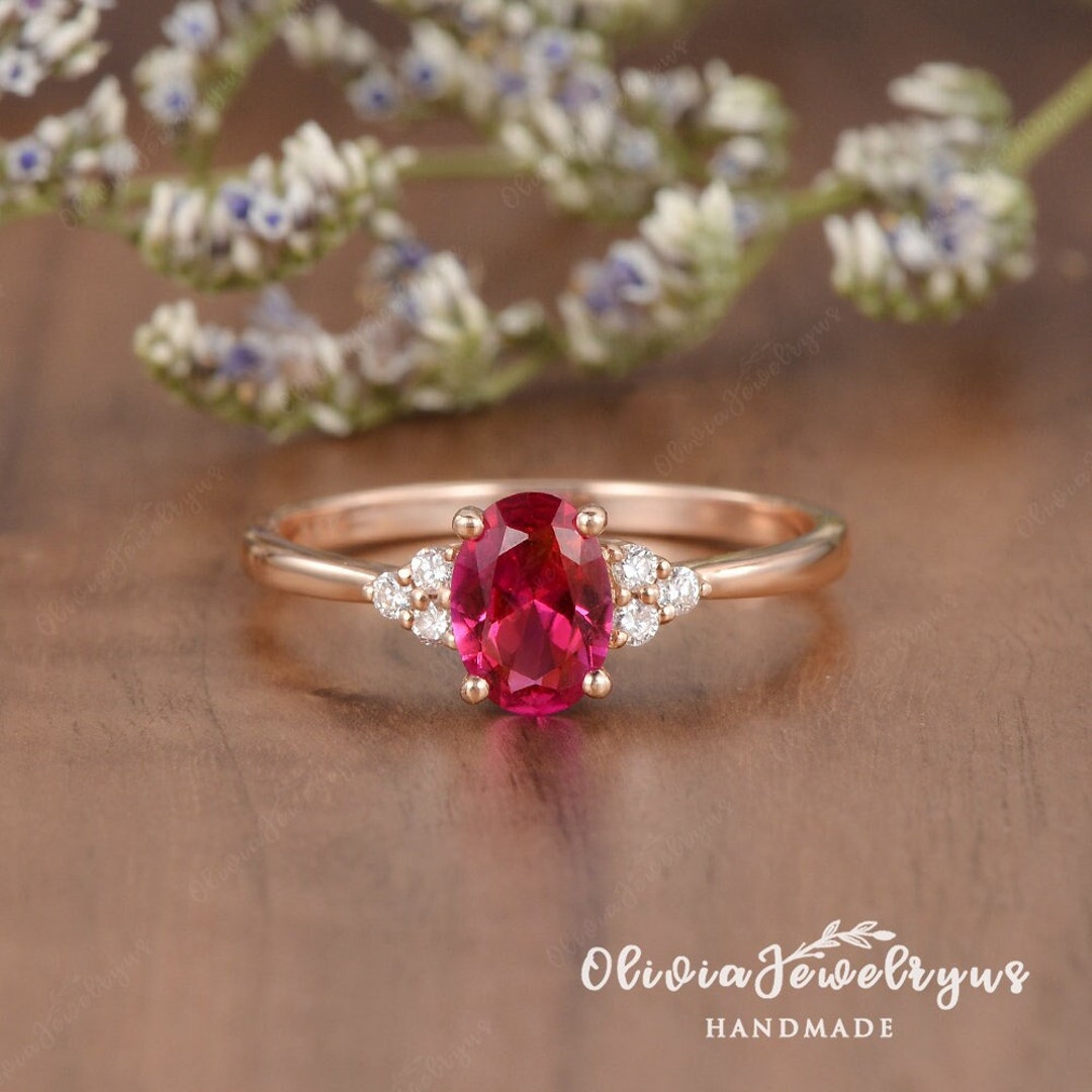 Unique Ruby Engagement Ring Retro Bridal Ring Solitaire Oval Ring Rose ...