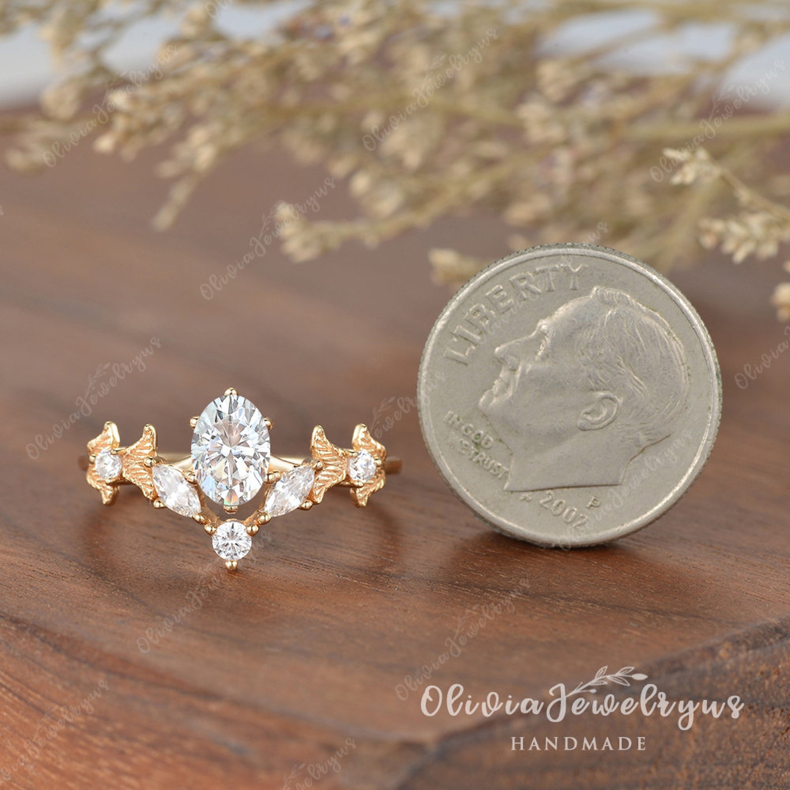 Oval Moissanite Engagement Ring Dainty Leaf Wedding Ring - Etsy