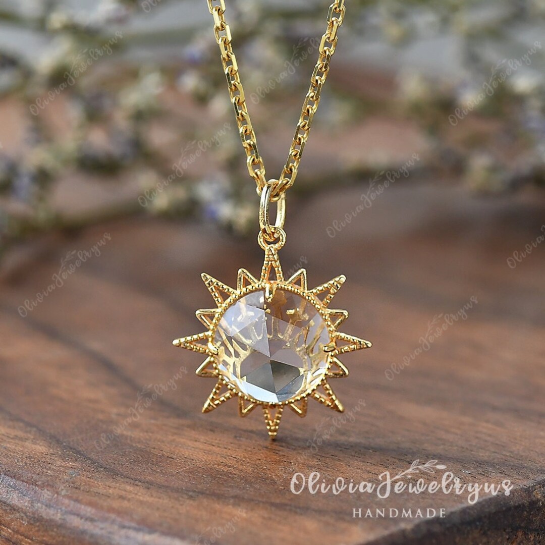 8mm Clear Quartz Sun Necklace Clear Round Quartz Gold Pendant Sunshine ...