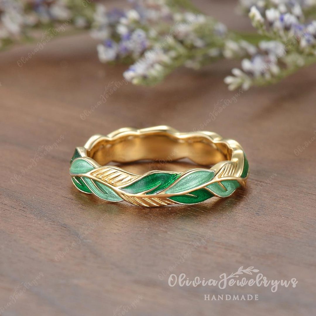 Vintage Green Enamel Leaf Ring Unisex Promise Ring Yellow Gold Mens ...