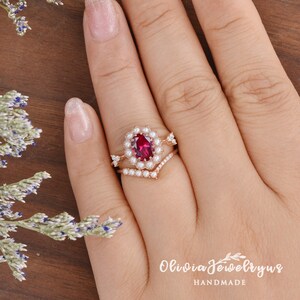 Ruby & Pearl Ring Set Halo Rose Gold Engagement Ring Delicate Lab Ruby Ring Retro Natural Pearl ...