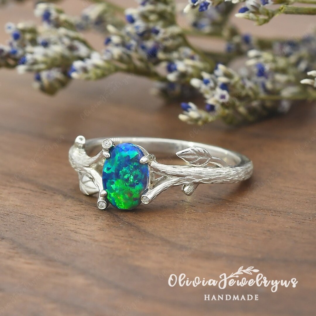 Opal Engagement Ring White Gold Tree Bart Texture Vintage Moissanite ...