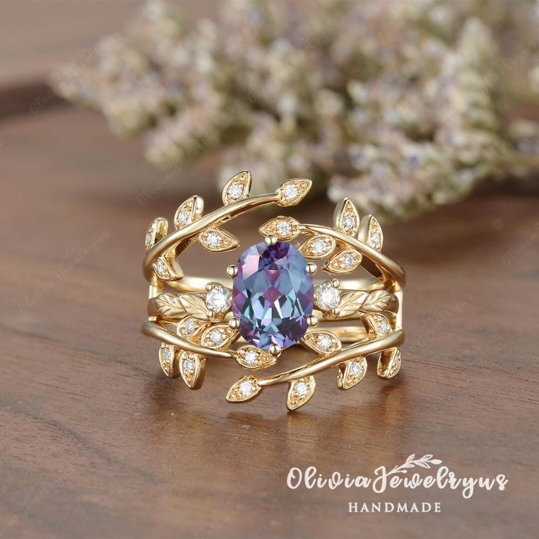 Unique Leaf Alexandrite Engagement Ring Set Moissanite Leaf Enhancer ...