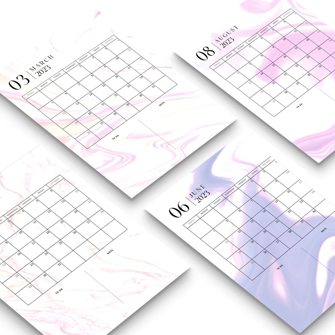 2023 Pastel Marble Printable Calendar Portrait, Digital Calendar, Desk ...