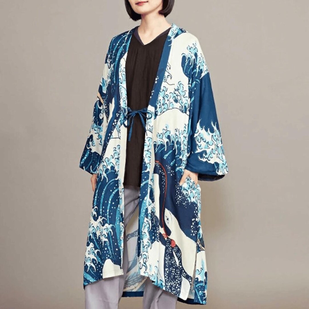 Kimono Cardigan by Kaya, Haori, Kimono Robe in Blue, Whale and Wave ...
