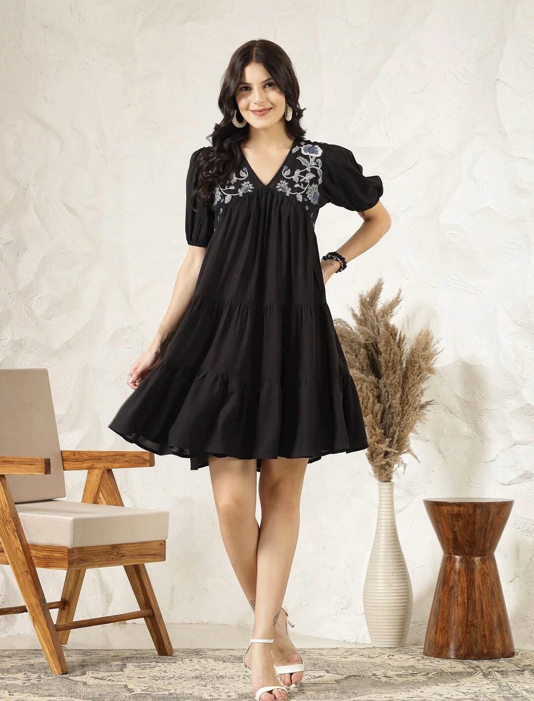 Black Rayon Embroidered Mini Dress, Puff Sleeve Kurti - Etsy